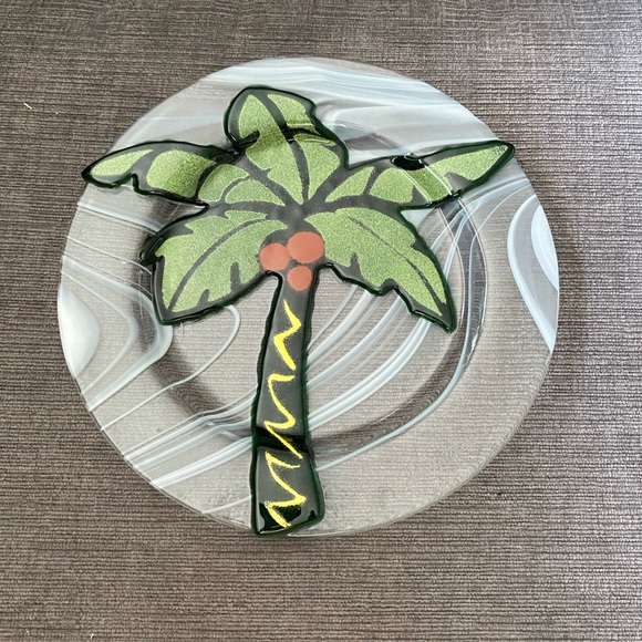 Hand Crafted | Art | Vtg Jan Mitchell White Swirl Green Palm Tree Fused ...